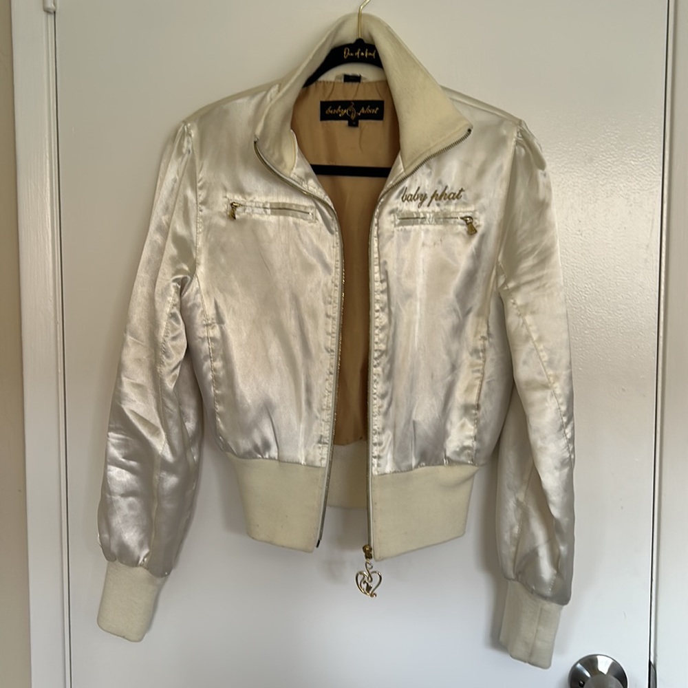Y2k Babyphat Satin Ivory Zip Bomber Jacket - Gem